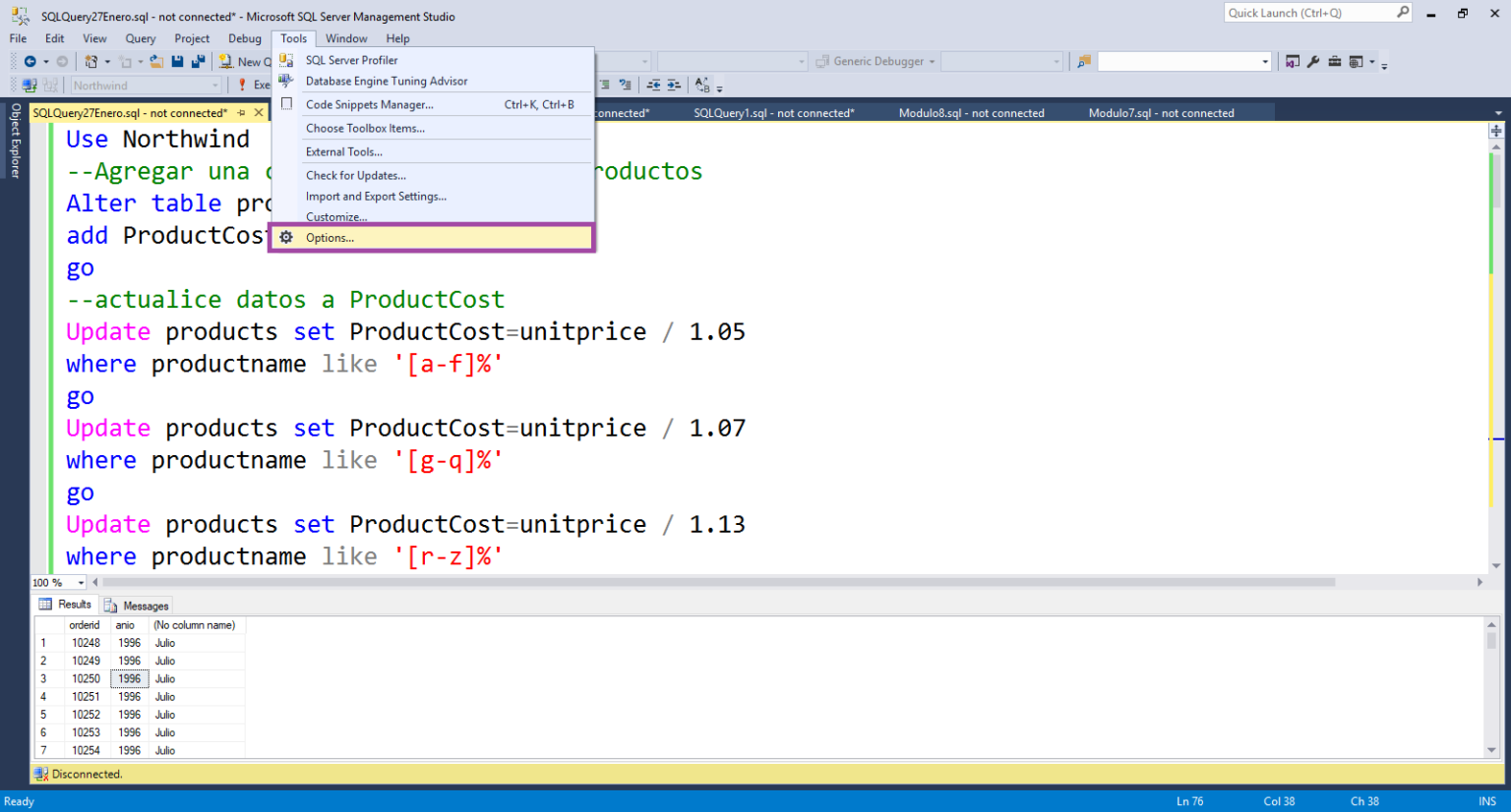 Activar números de fila en el SQL Server Management Studio – visOal