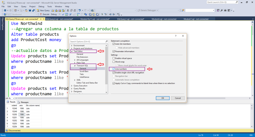 Activar números de fila en el SQL Server Management Studio – visOal